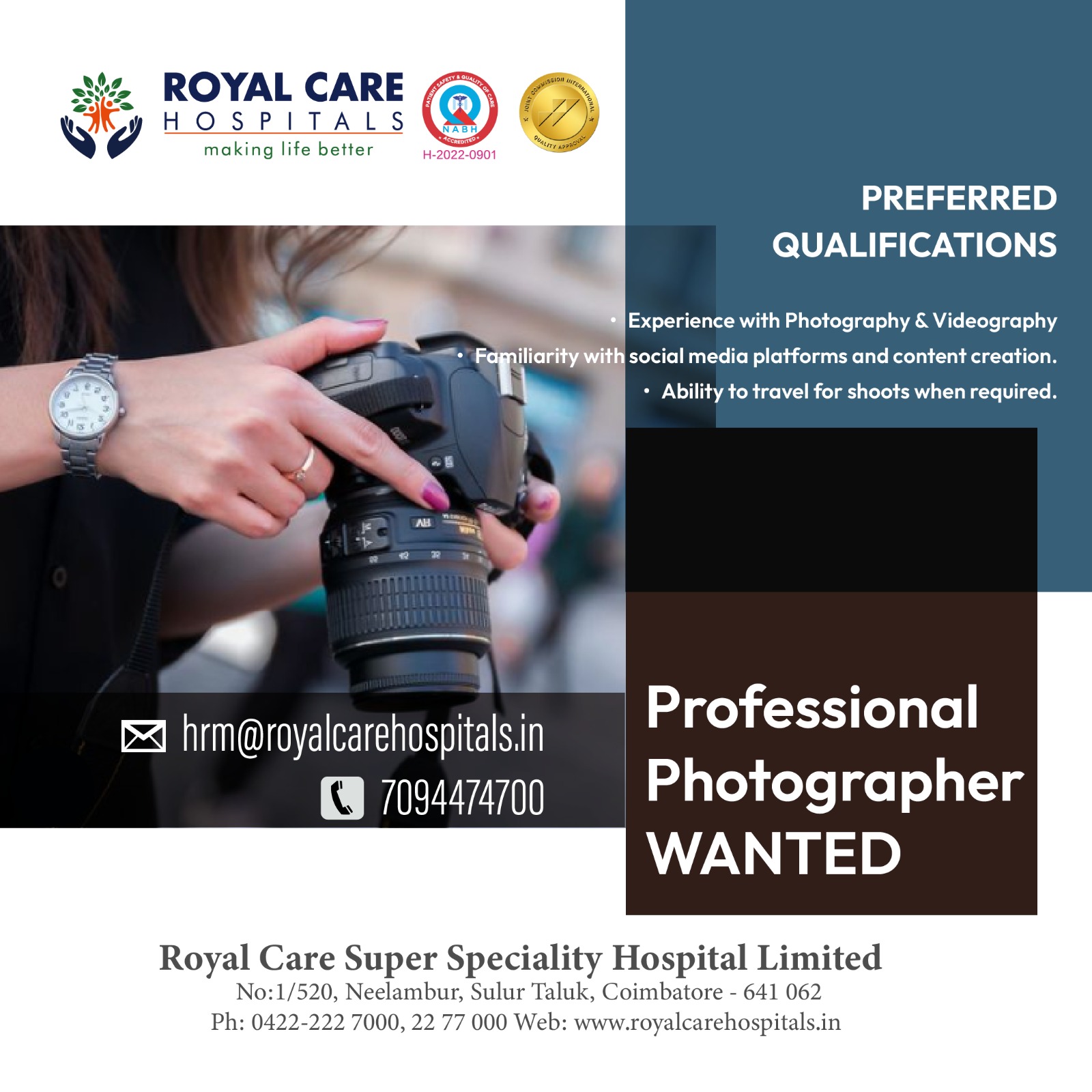 Wanted Photographer - Royal Care Hospitals